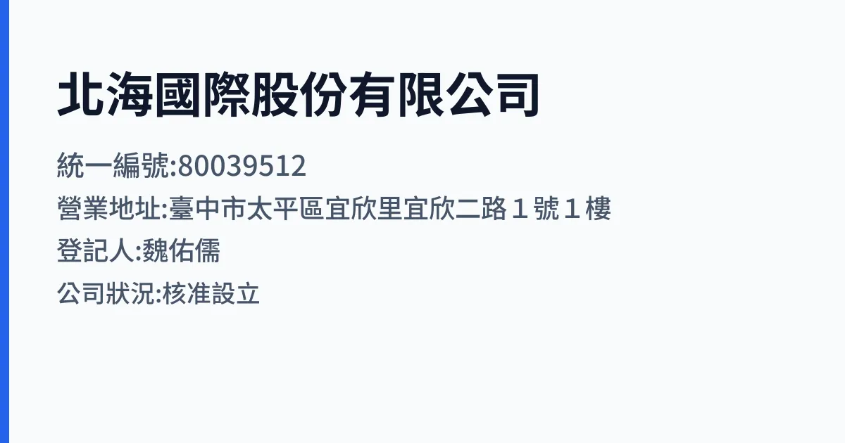 北海國際股份有限公司 - 統編 80039512(臺中市) 公司登記資料與營業項目詳細圖表
