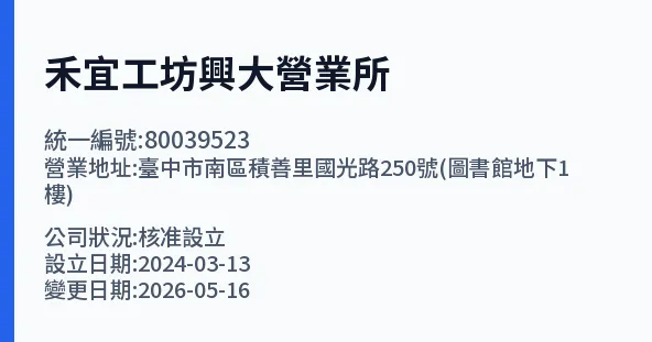 禾宜工坊興大營業所的照片-統編 80039523(臺中市) 公司登記資料與營業項目詳細圖表