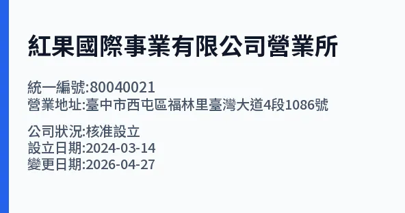 紅果國際事業有限公司營業所的照片-統編 80040021(臺中市) 公司登記資料與營業項目詳細圖表