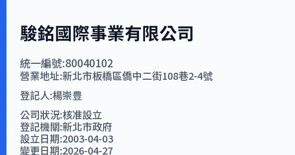 駿銘國際事業有限公司的照片-統編 80040102(新北市) 公司登記資料與營業項目詳細圖表