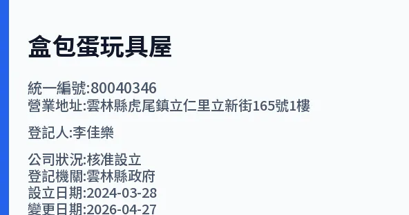 盒包蛋玩具屋的照片-統編 80040346(雲林縣) 公司登記資料與營業項目詳細圖表