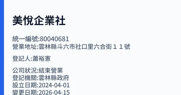 美悅企業社的照片-統編 80040681(雲林縣) 公司登記資料與營業項目詳細圖表