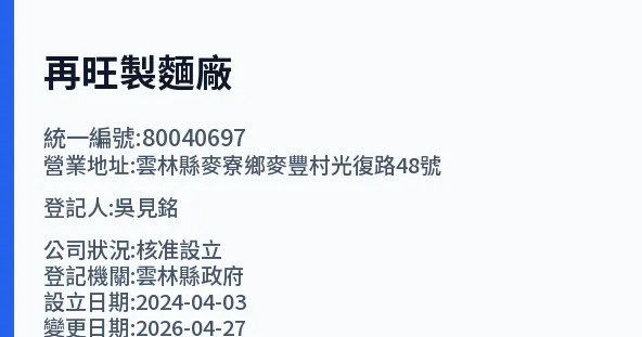 再旺製麵廠的照片-統編 80040697(雲林縣) 公司登記資料與營業項目詳細圖表
