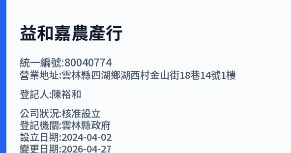 益和嘉農產行的照片-統編 80040774(雲林縣) 公司登記資料與營業項目詳細圖表