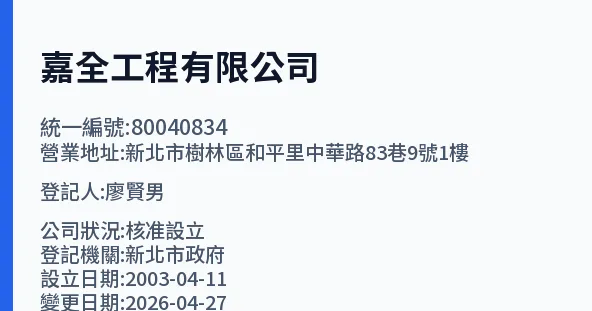 嘉全工程有限公司的照片-統編 80040834(新北市) 公司登記資料與營業項目詳細圖表