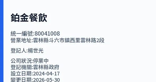 鉑金餐飲的照片-統編 80041008(雲林縣) 公司登記資料與營業項目詳細圖表