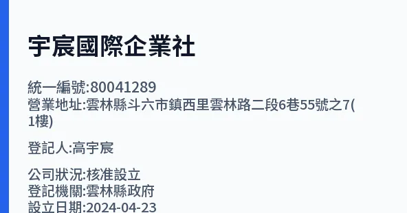 宇宸國際企業社的照片-統編 80041289(雲林縣) 公司登記資料與營業項目詳細圖表
