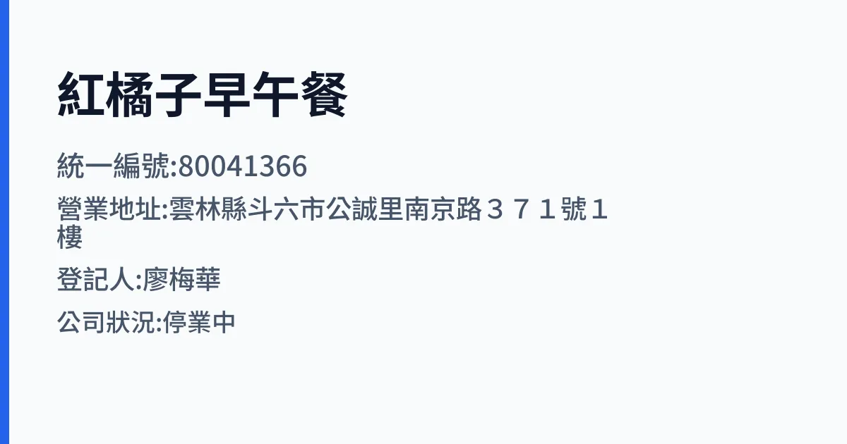 紅橘子早午餐 - 統編 80041366(雲林縣) 公司登記資料與營業項目詳細圖表