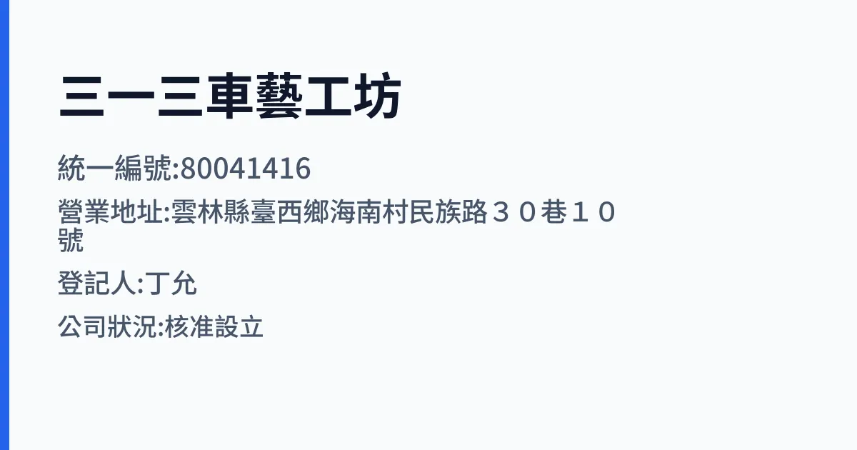 三一三車藝工坊 - 統編 80041416(雲林縣) 公司登記資料與營業項目詳細圖表