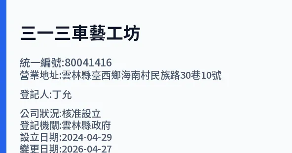 三一三車藝工坊的照片-統編 80041416(雲林縣) 公司登記資料與營業項目詳細圖表