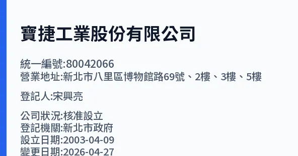 寶捷工業股份有限公司的照片-統編 80042066(新北市) 公司登記資料與營業項目詳細圖表
