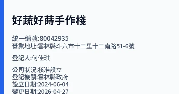 好蔬好蒔手作棧的照片-統編 80042935(雲林縣) 公司登記資料與營業項目詳細圖表