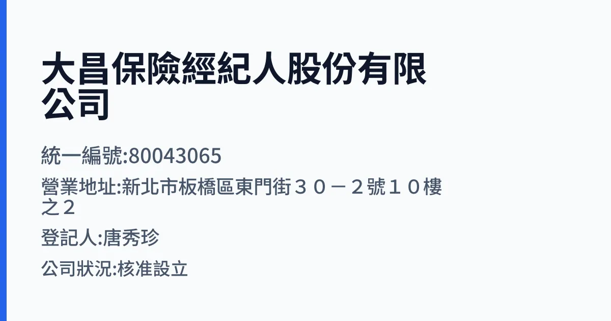 大昌保險經紀人股份有限公司 - 統編 80043065(新北市) 公司登記資料與營業項目詳細圖表