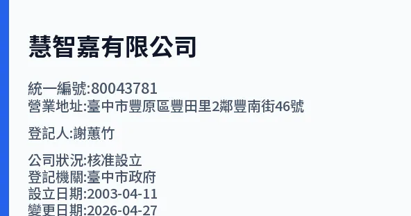 慧智嘉有限公司的照片-統編 80043781(臺中市) 公司登記資料與營業項目詳細圖表