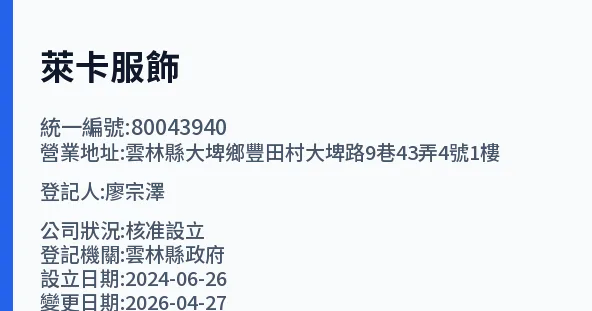 萊卡服飾的照片-統編 80043940(雲林縣) 公司登記資料與營業項目詳細圖表