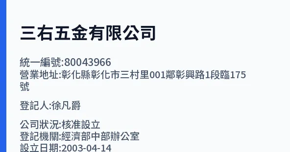 三右五金有限公司的照片-統編 80043966(彰化縣) 公司登記資料與營業項目詳細圖表
