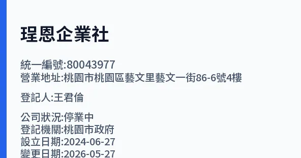 珵恩企業社的照片-統編 80043977(桃園市) 公司登記資料與營業項目詳細圖表