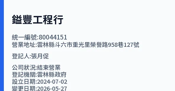 鎰豐工程行的照片-統編 80044151(雲林縣) 公司登記資料與營業項目詳細圖表