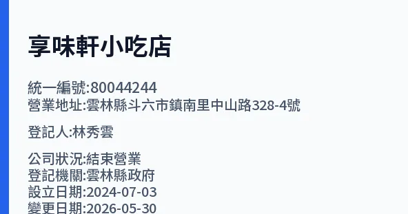享味軒小吃店的照片-統編 80044244(雲林縣) 公司登記資料與營業項目詳細圖表