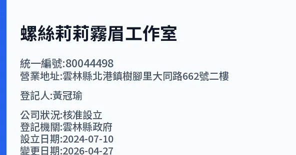 螺絲莉莉霧眉工作室的照片-統編 80044498(雲林縣) 公司登記資料與營業項目詳細圖表
