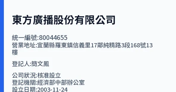東方廣播股份有限公司的照片-統編 80044655(宜蘭縣) 公司登記資料與營業項目詳細圖表
