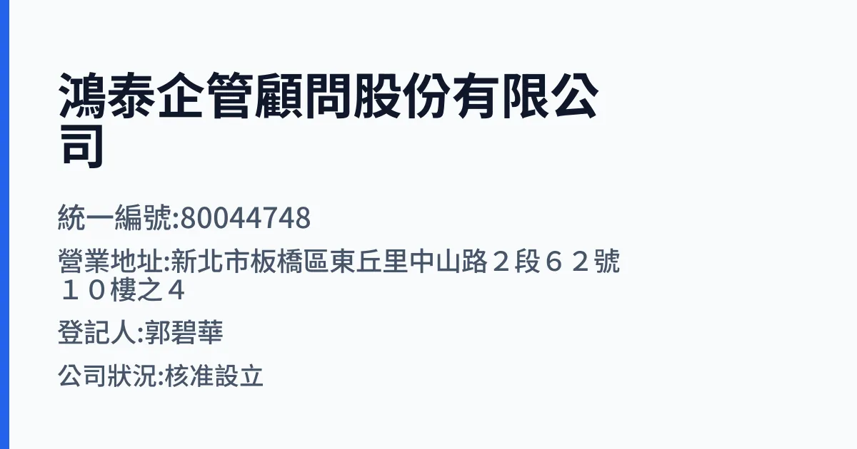 鴻泰企管顧問股份有限公司 - 統編 80044748(新北市) 公司登記資料與營業項目詳細圖表