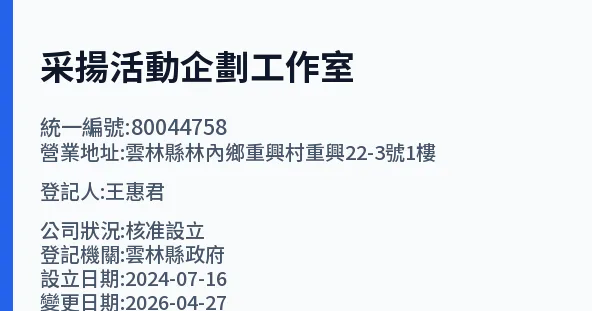 采揚活動企劃工作室的照片-統編 80044758(雲林縣) 公司登記資料與營業項目詳細圖表