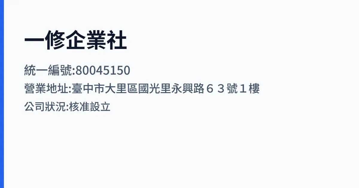 一修企業社 - 統編 80045150(臺中市) 公司登記資料與營業項目詳細圖表