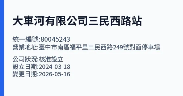 大車河有限公司三民西路站的照片-統編 80045243(臺中市) 公司登記資料與營業項目詳細圖表