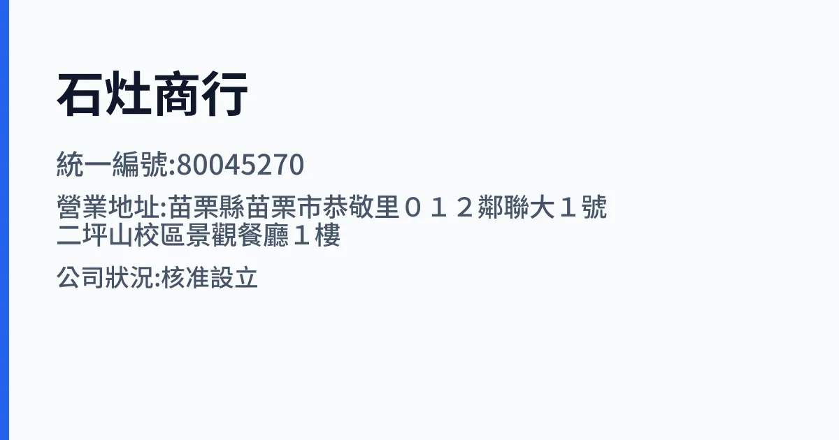 石灶商行 - 統編 80045270(苗栗縣) 公司登記資料與營業項目詳細圖表