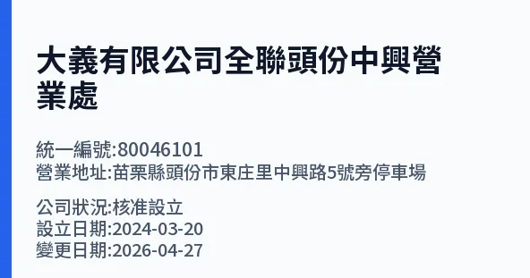 大義有限公司全聯頭份中興營業處的照片-統編 80046101(苗栗縣) 公司登記資料與營業項目詳細圖表