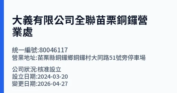 大義有限公司全聯苗栗銅鑼營業處的照片-統編 80046117(苗栗縣) 公司登記資料與營業項目詳細圖表