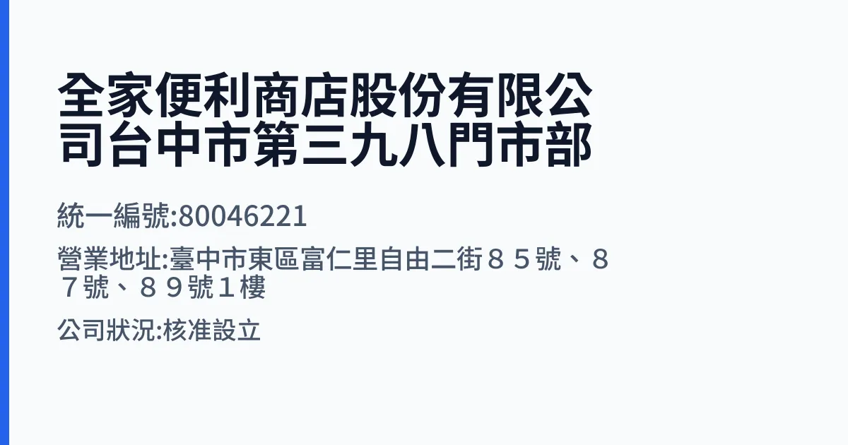 全家便利商店股份有限公司台中市第三九八門市部 - 統編 80046221（臺中市） 公司登記資料與營業項目詳細圖表