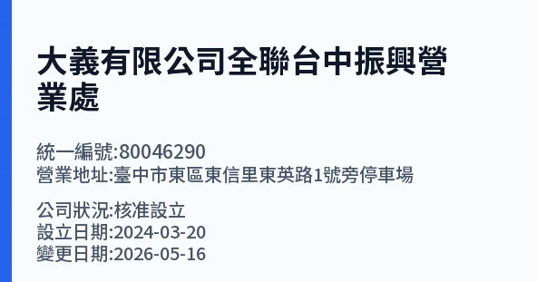 大義有限公司全聯台中振興營業處的照片-統編 80046290(臺中市) 公司登記資料與營業項目詳細圖表
