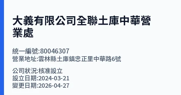 大義有限公司全聯土庫中華營業處的照片-統編 80046307(雲林縣) 公司登記資料與營業項目詳細圖表