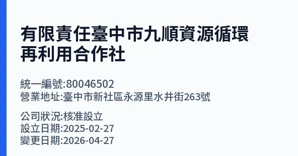 有限責任臺中市九順資源循環再利用合作社的照片-統編 80046502(臺中市) 公司登記資料與營業項目詳細圖表