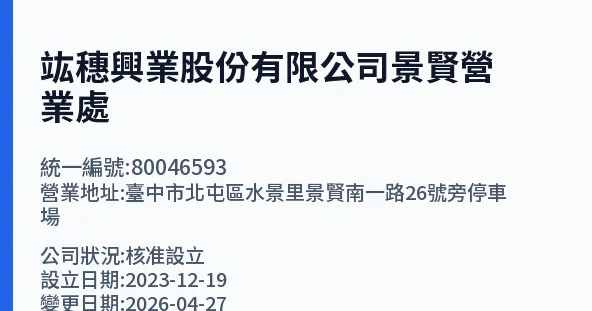 竑穗興業股份有限公司景賢營業處的照片-統編 80046593(臺中市) 公司登記資料與營業項目詳細圖表