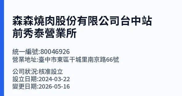 森森燒肉股份有限公司台中站前秀泰營業所的照片-統編 80046926(臺中市) 公司登記資料與營業項目詳細圖表