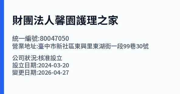 財團法人馨園護理之家的照片-統編 80047050(臺中市) 公司登記資料與營業項目詳細圖表