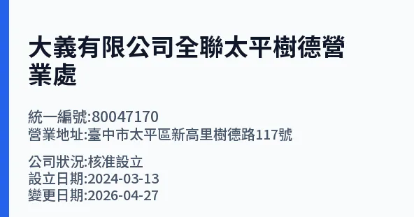 大義有限公司全聯太平樹德營業處的照片-統編 80047170(臺中市) 公司登記資料與營業項目詳細圖表