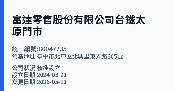 富達零售股份有限公司台鐵太原門市的照片-統編 80047235(臺中市) 公司登記資料與營業項目詳細圖表