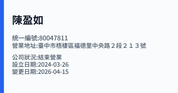 陳盈如的照片-統編 80047811(臺中市) 公司登記資料與營業項目詳細圖表