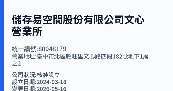 儲存易空間股份有限公司文心營業所的照片-統編 80048179(臺中市) 公司登記資料與營業項目詳細圖表