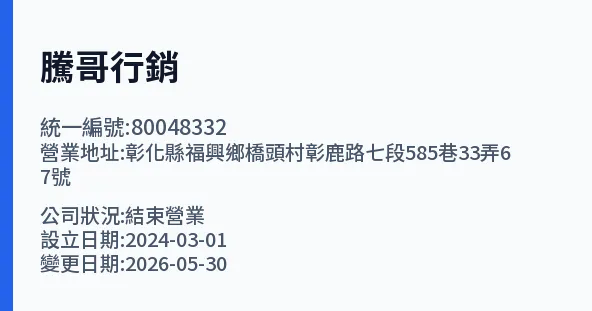 騰哥行銷的照片-統編 80048332(彰化縣) 公司登記資料與營業項目詳細圖表