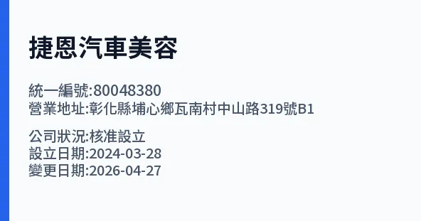 捷恩汽車美容的照片-統編 80048380(彰化縣) 公司登記資料與營業項目詳細圖表
