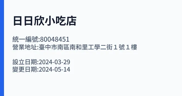 日日欣小吃店的照片-統編 80048451(臺中市) 公司登記資料與營業項目詳細圖表