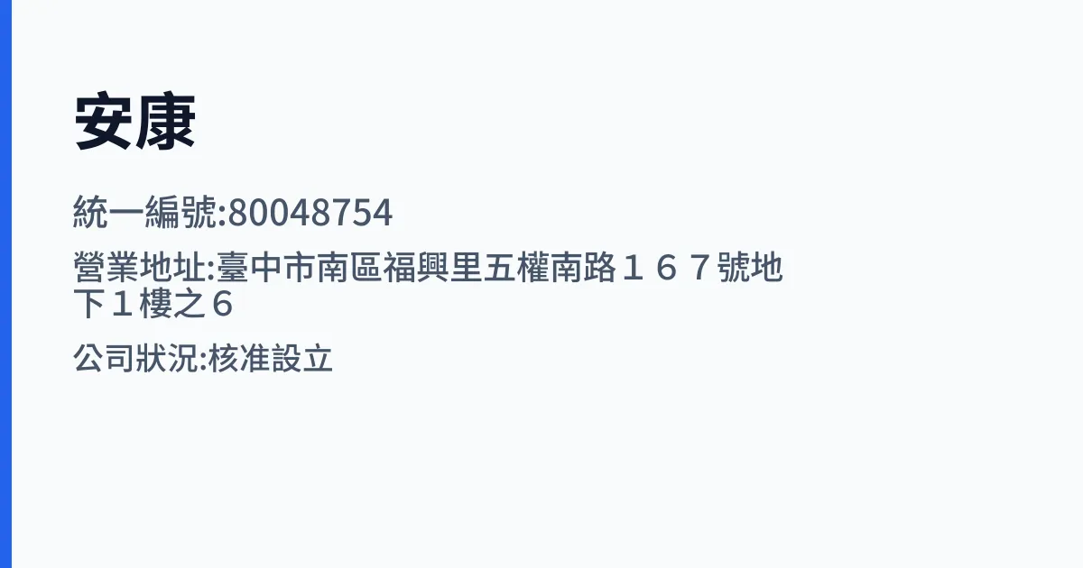 安康 - 統編 80048754(臺中市) 公司登記資料與營業項目詳細圖表