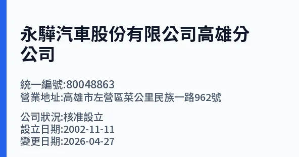 永驊汽車股份有限公司高雄分公司的照片-統編 80048863(高雄市) 公司登記資料與營業項目詳細圖表