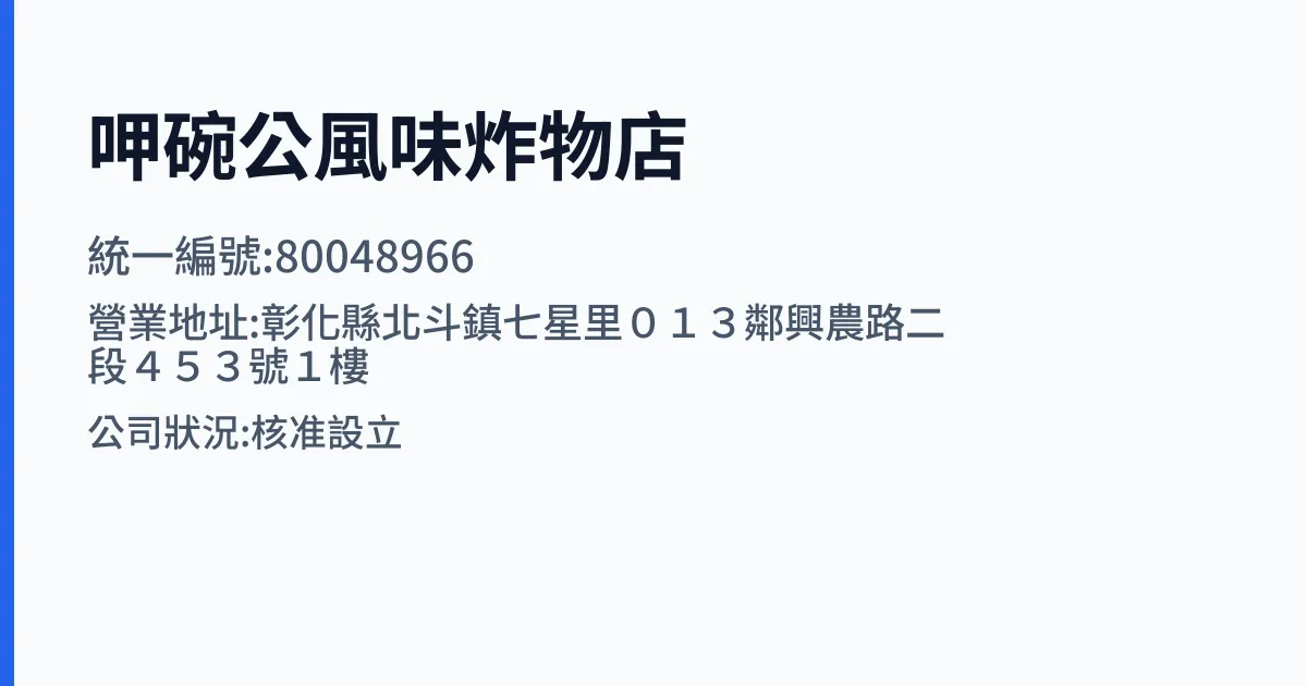 呷碗公風味炸物店 - 統編 80048966(彰化縣) 公司登記資料與營業項目詳細圖表