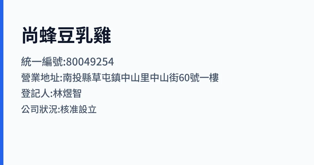尚蜂豆乳雞 - 統編 80049254(南投縣) 公司登記資料與營業項目詳細圖表